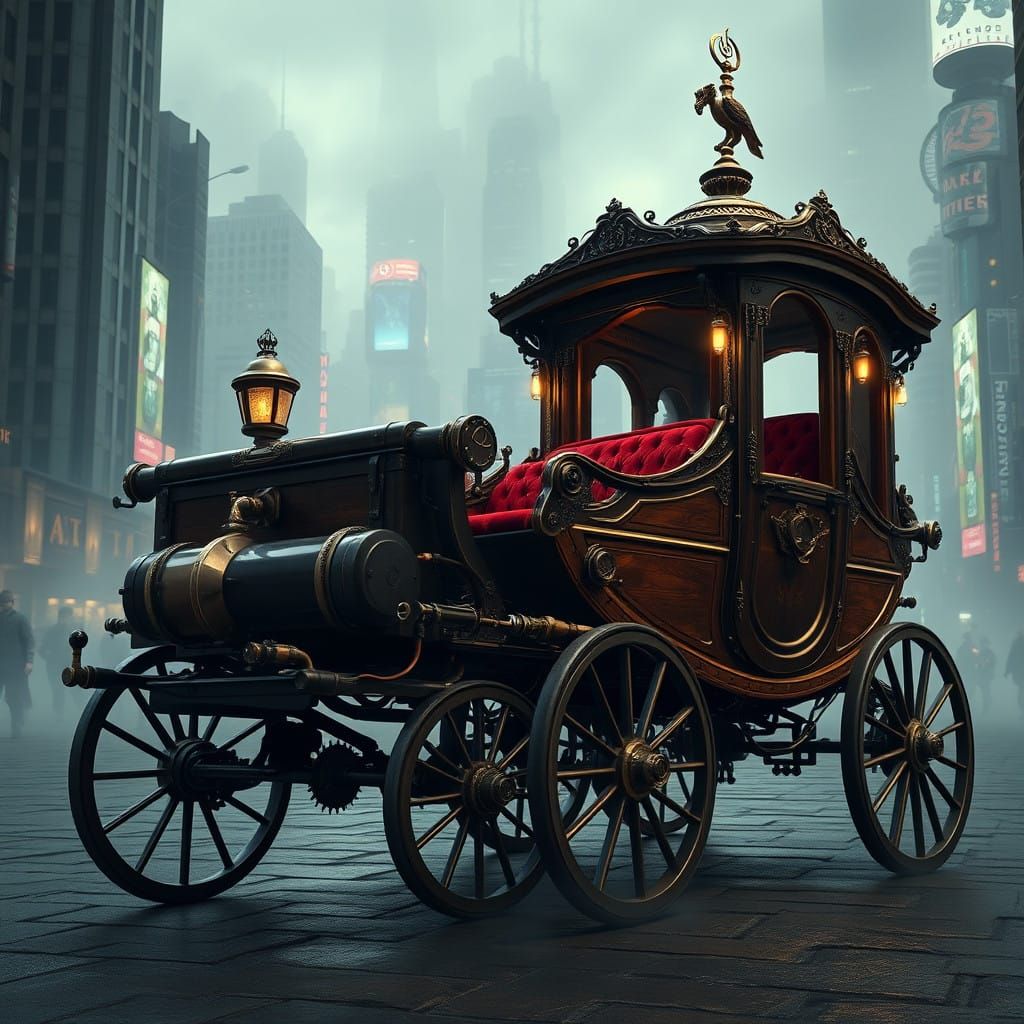 Elegant Steampunk Carriage Unveils Futuristic City... - AI Art