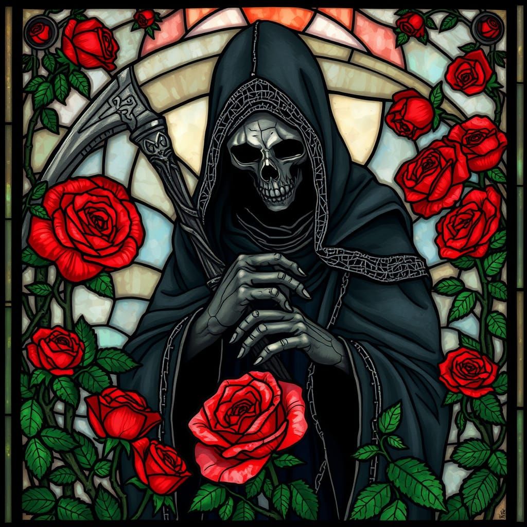 Grim Reaper Amidst Opalescent Roses in Stained Gla... - AI Art
