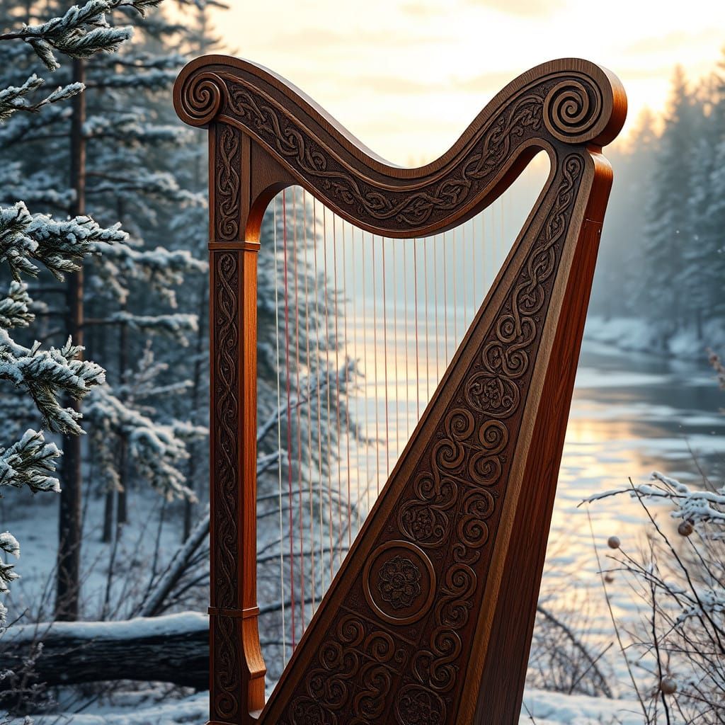 Hyperrealistic Ancient Irish Harp in Pine Forest W... - AI Art