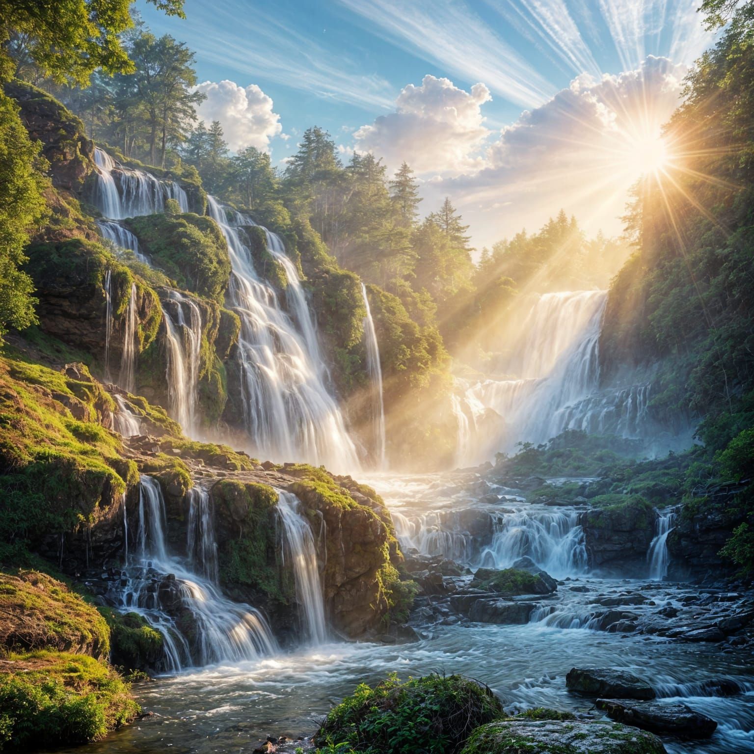 Sunlit Waterfalls in Serene Paradise - AI Art