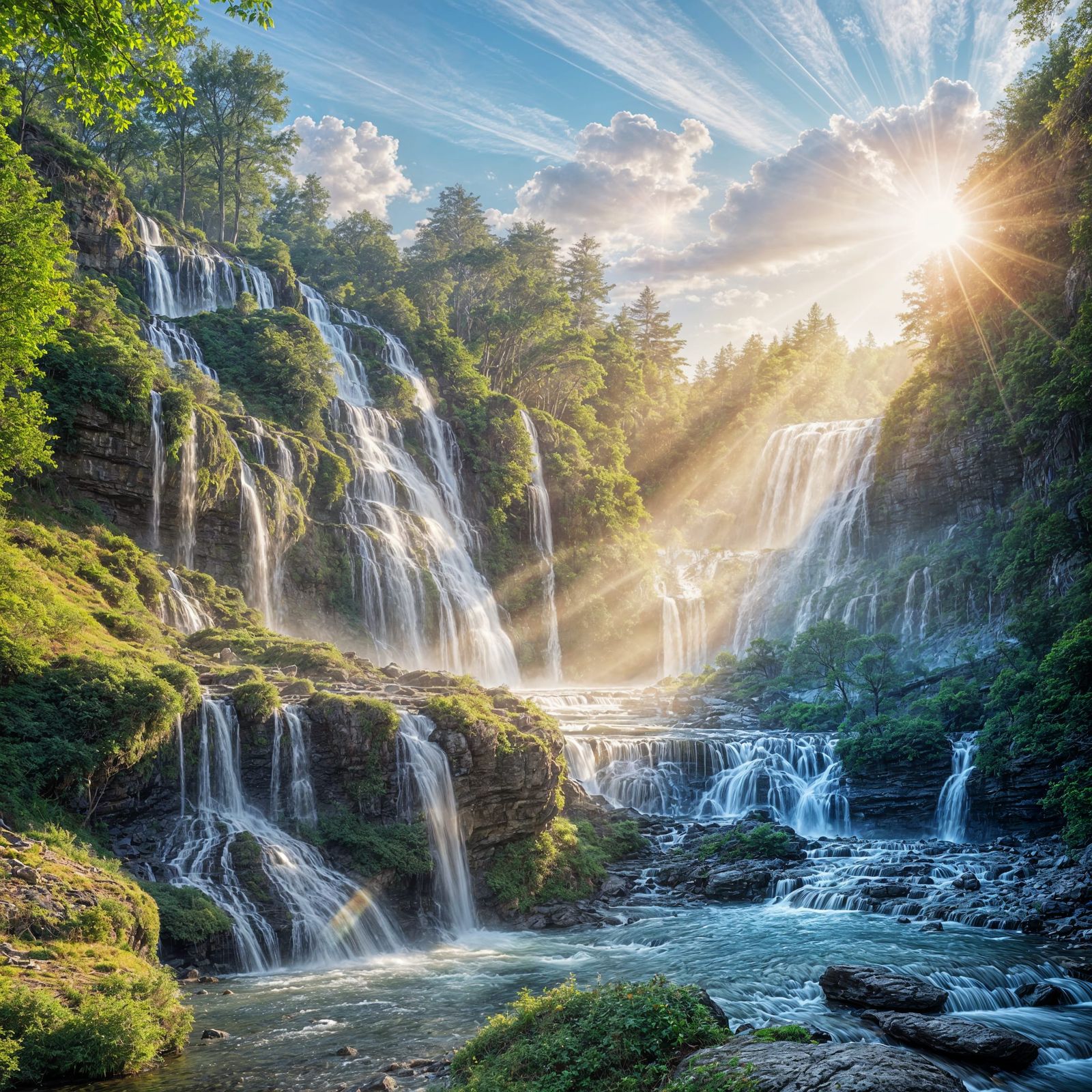 Beautiful Waterfalls. Sun in background.