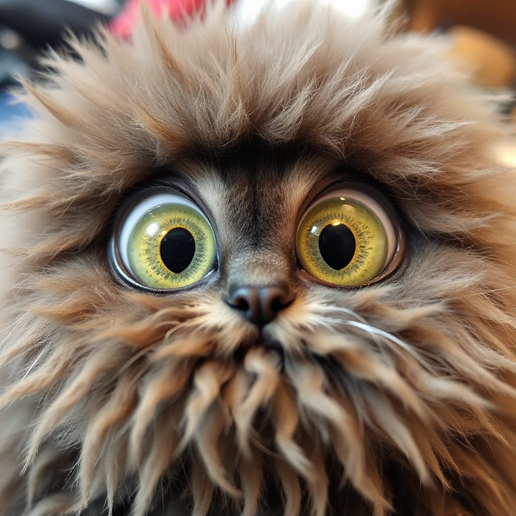 Green eyes of a furry ball monster of indescribable cuteness