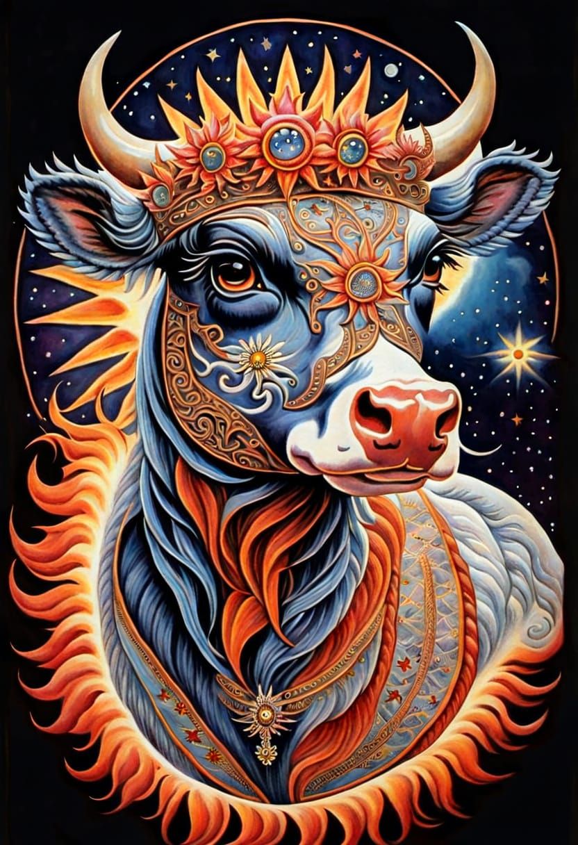 Romantic Celestial Folk Art of a Heavenly Cow - AI Art