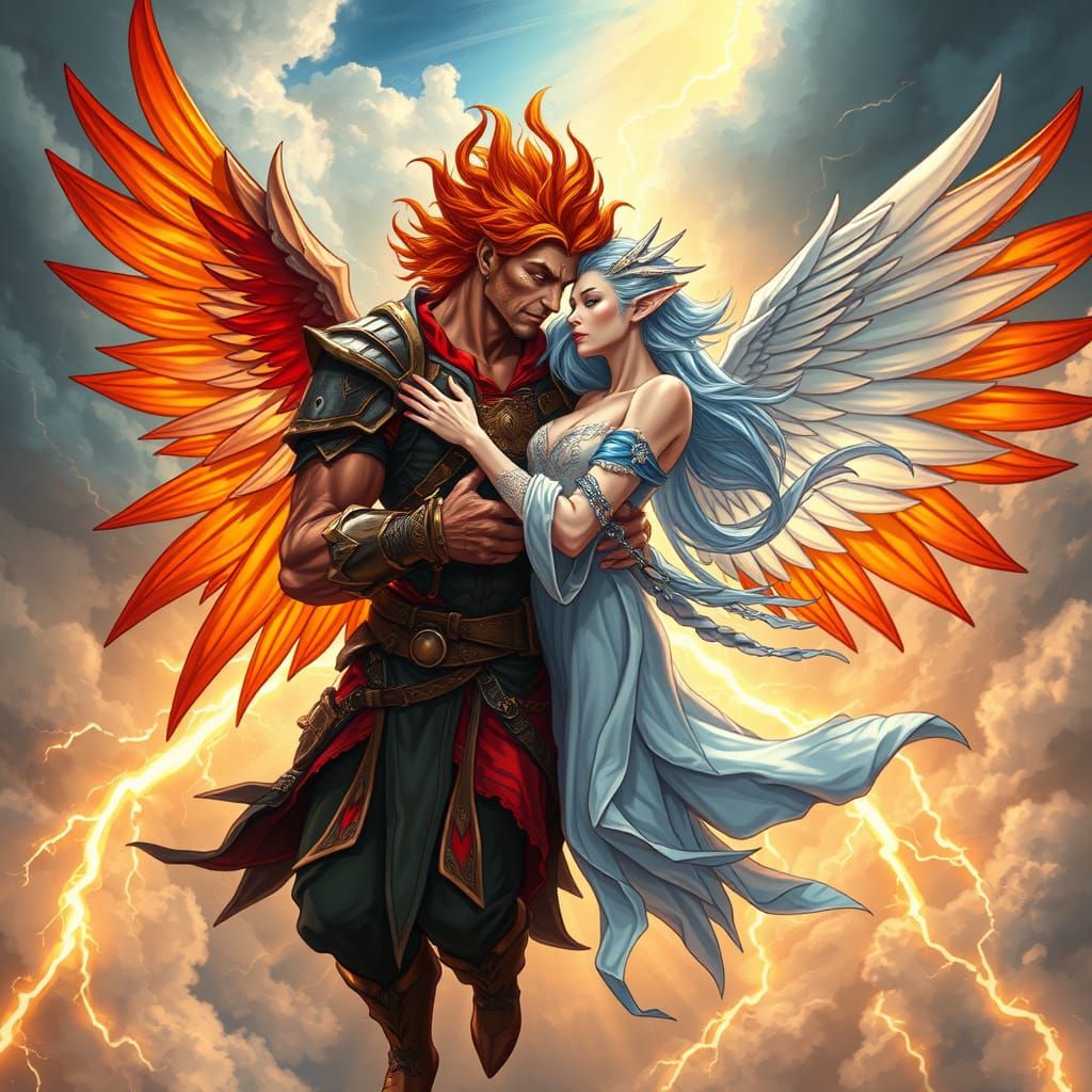Fiery Genasi and Celestial Elf Share a Tender Mome... - AI Art
