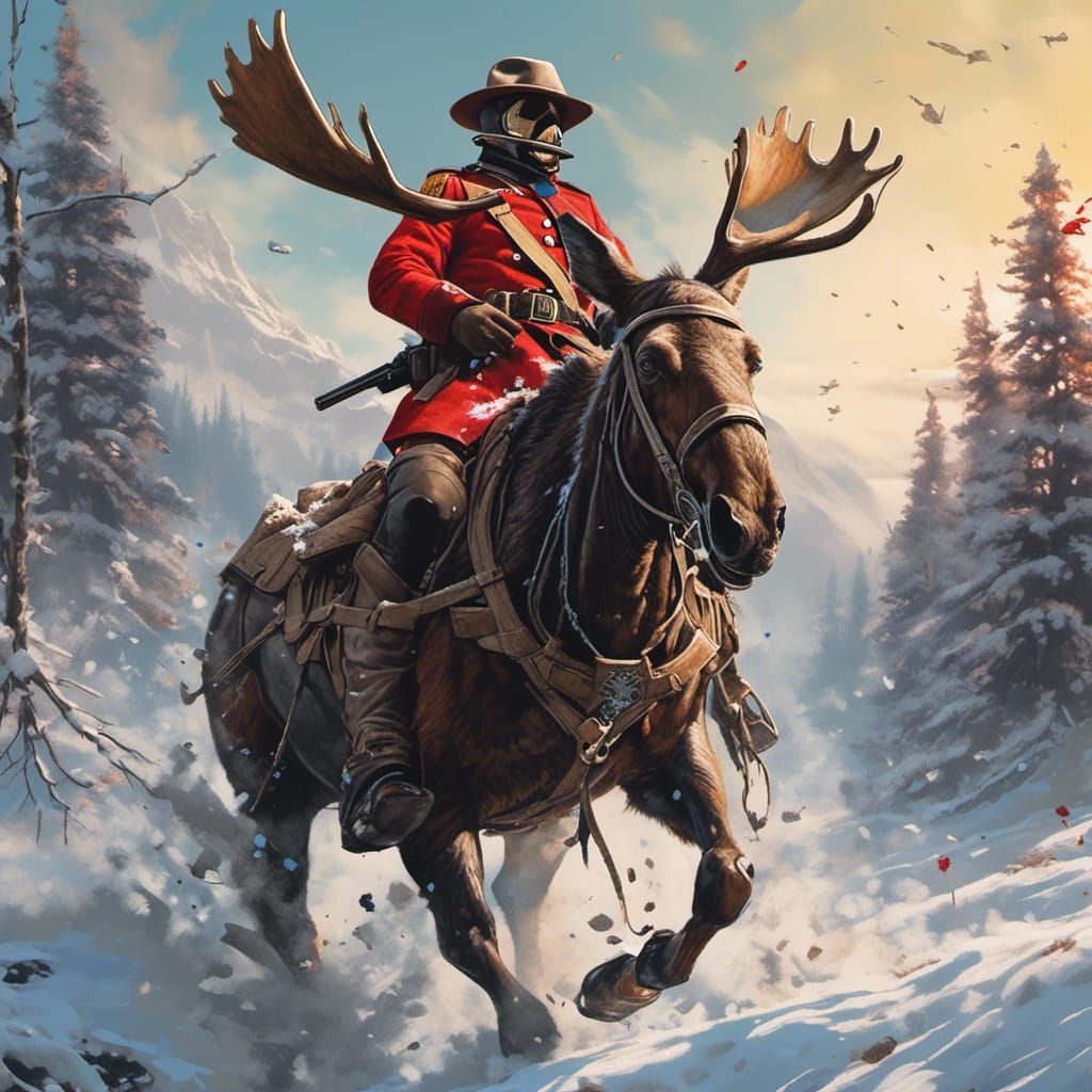 Canadian Mountie with gas mask riding war-moose in snow - AI Generated ...