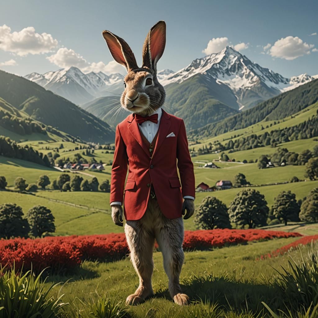 a gentleman rabbit wearing a red suit standing in a field with a ...