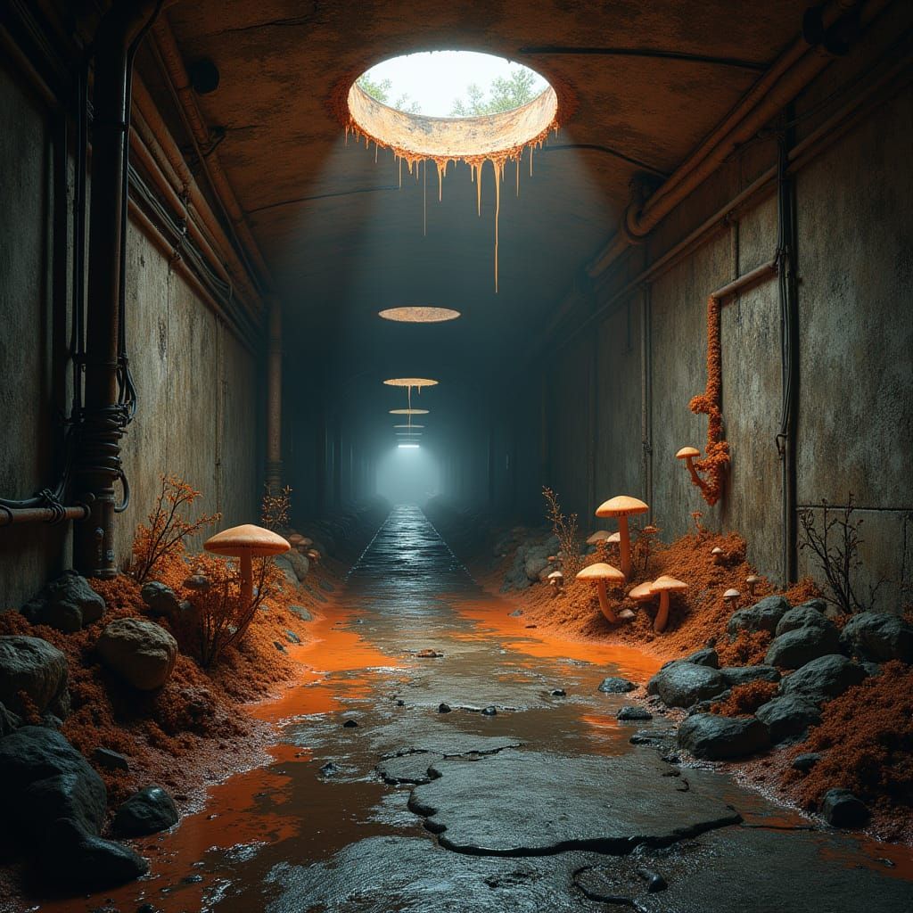 Dystopian Tunnel with Glowing Slime and Industrial... - AI Art