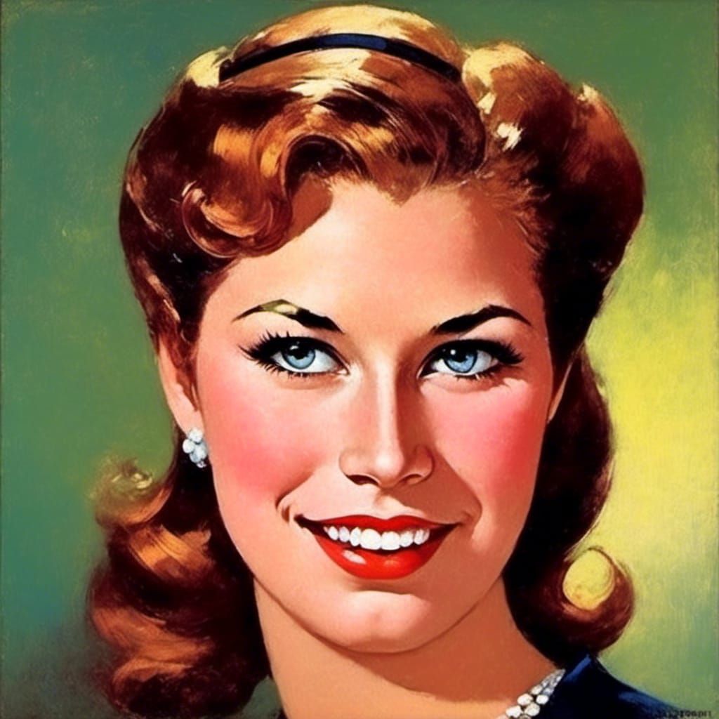 pretty redhead as 1940 glamor girl, auburn hair, enchanting blue eyes, studio portrait painted ...