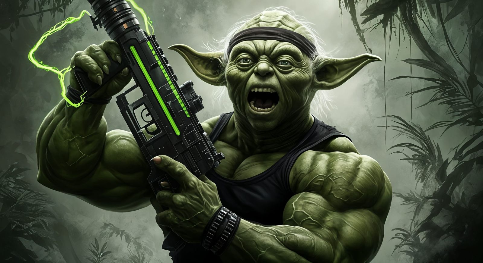 Ramboda - Yoda in Rambo Attire Fires Electric Machine Gun