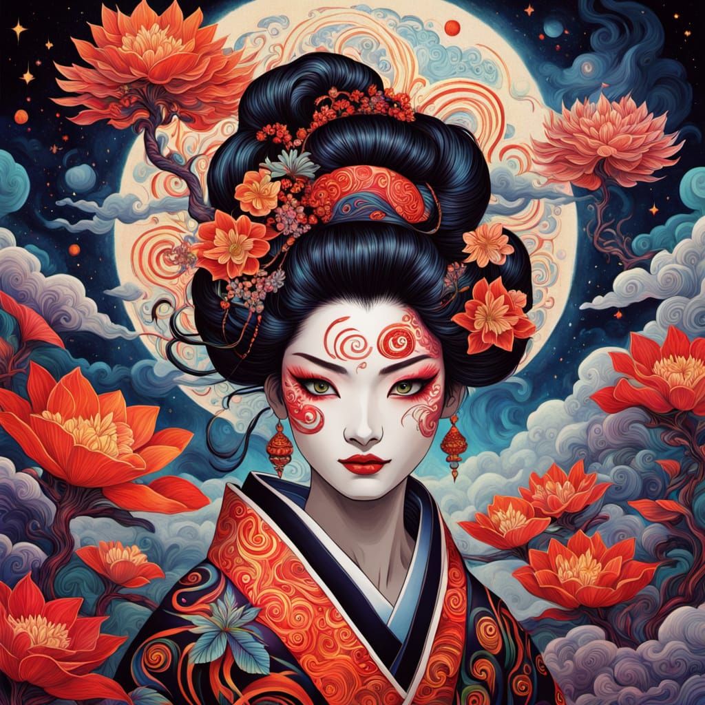 Elegant Geisha - Ethereal Geisha in Cosmic Kimono