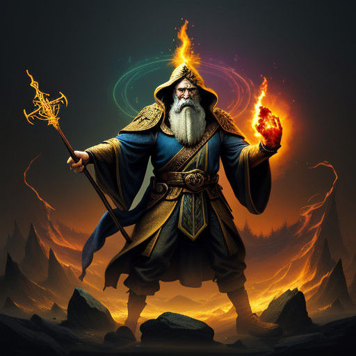 An old human wizard carrying a tall wooden staff casts a fireball spell
