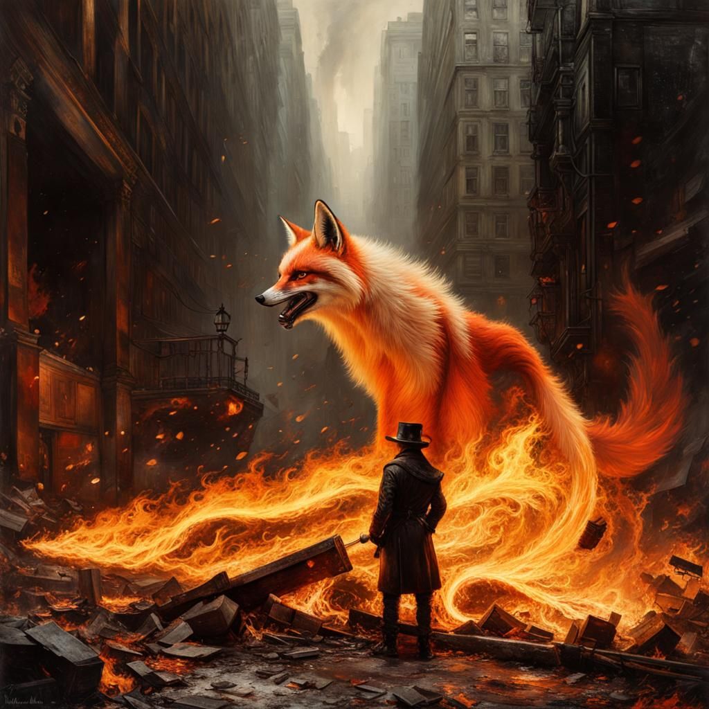 epic FIRE FOX from hell, FIREPUNK, world of fire and roaring flames ...