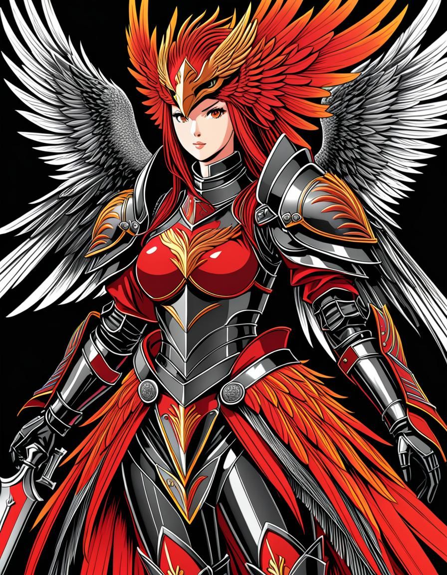 Epic phoenix female knight, line art, hyper detailed, red black ...