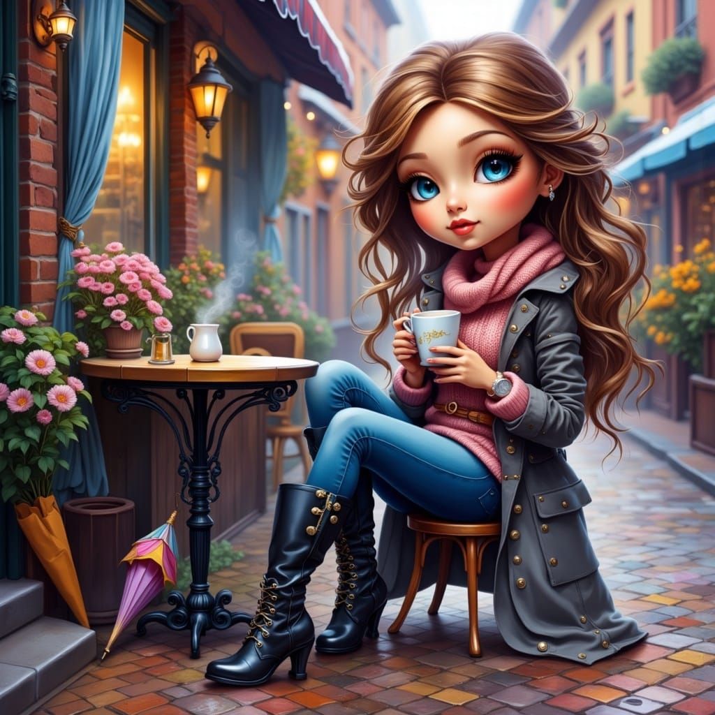 Morning Coffee - Chibi Woman Sips Coffee in Whimsical Cafe ...