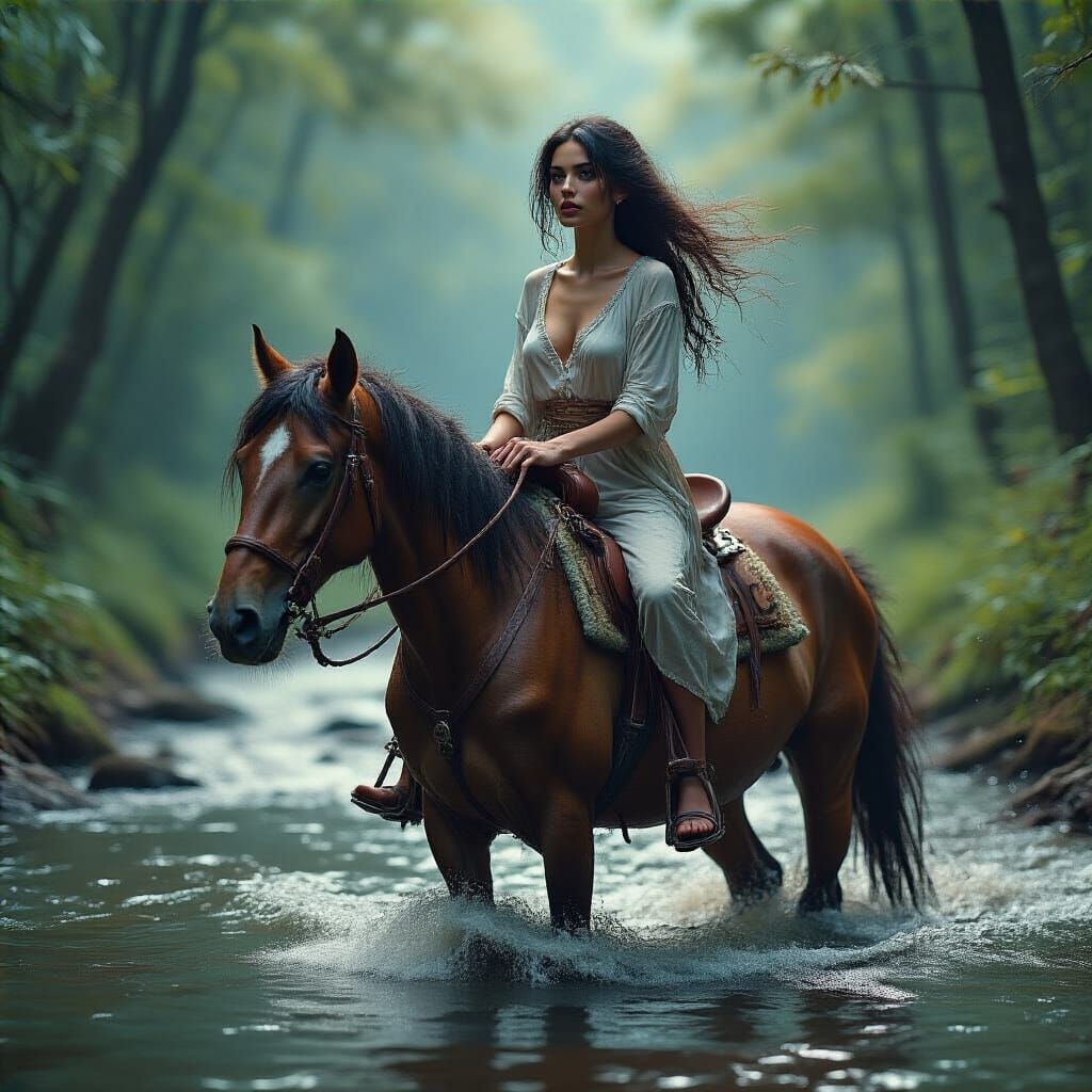 Riding Along The Creek - Woman Rides Horse Through Forest: H...