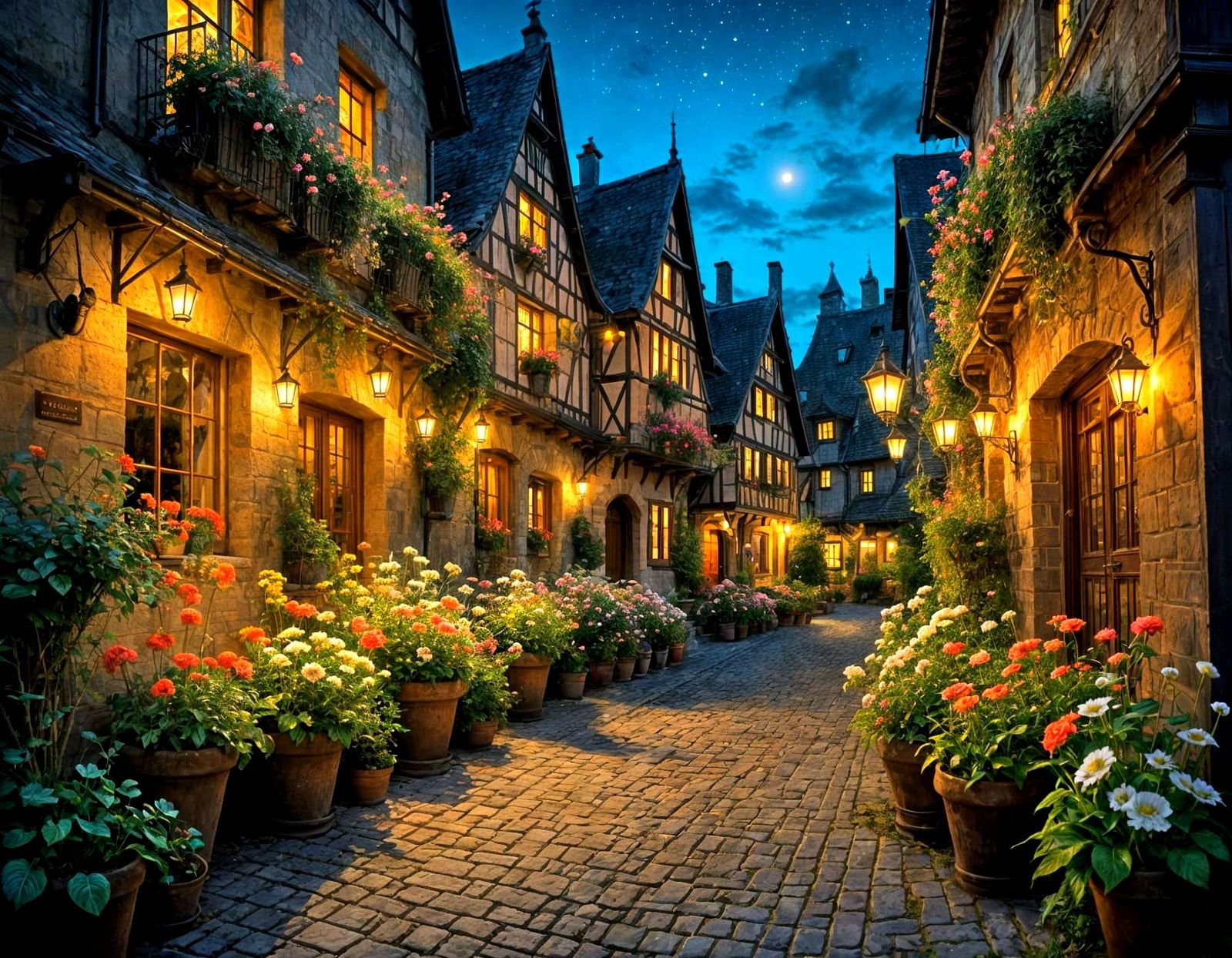 Whimsical German Courtyard Scene in Muted Colors - AI Art