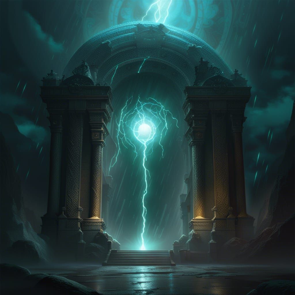 An ancient portal, ominous, spectral, glow, luminous sphere, storm ...