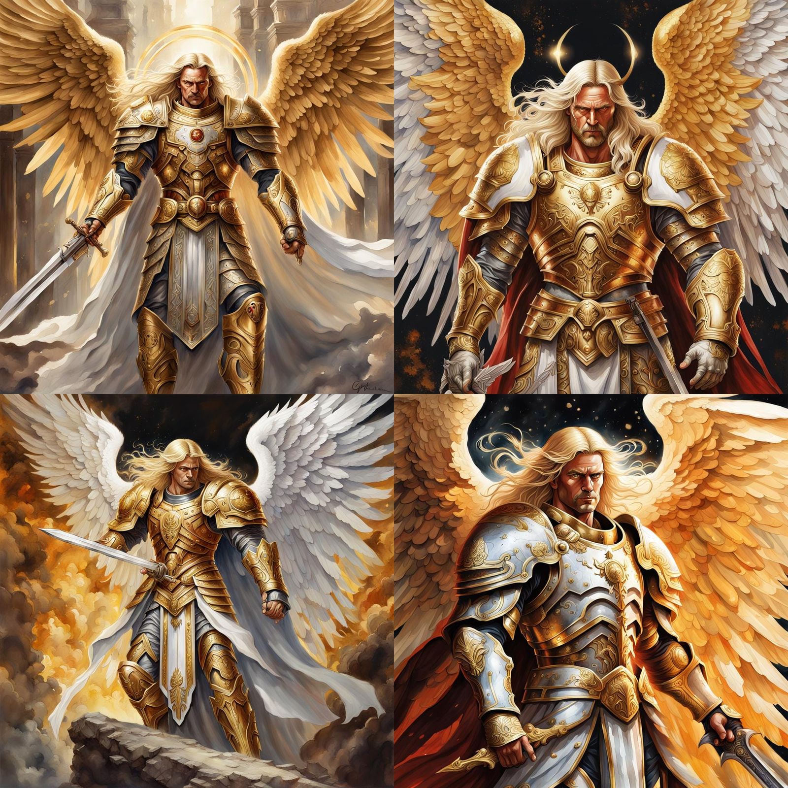 Watercolor painting of Sanguinius. White angel wings, long blonde hair ...