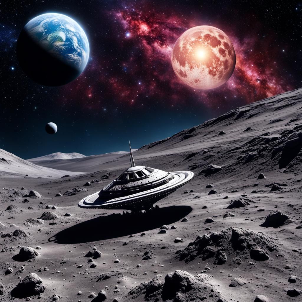 Photograph, Macro, miniature alien spaceship on the moon surface ...