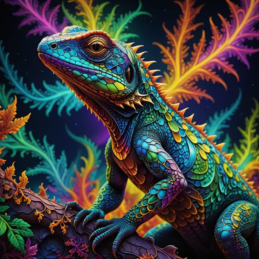 A lizard made of fractals double exposure