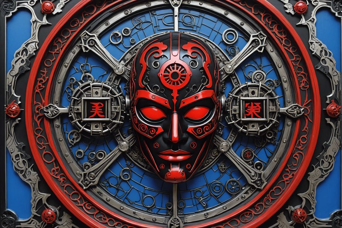 elaborate red and black gloss enamel Japanese rune engraved framed ...