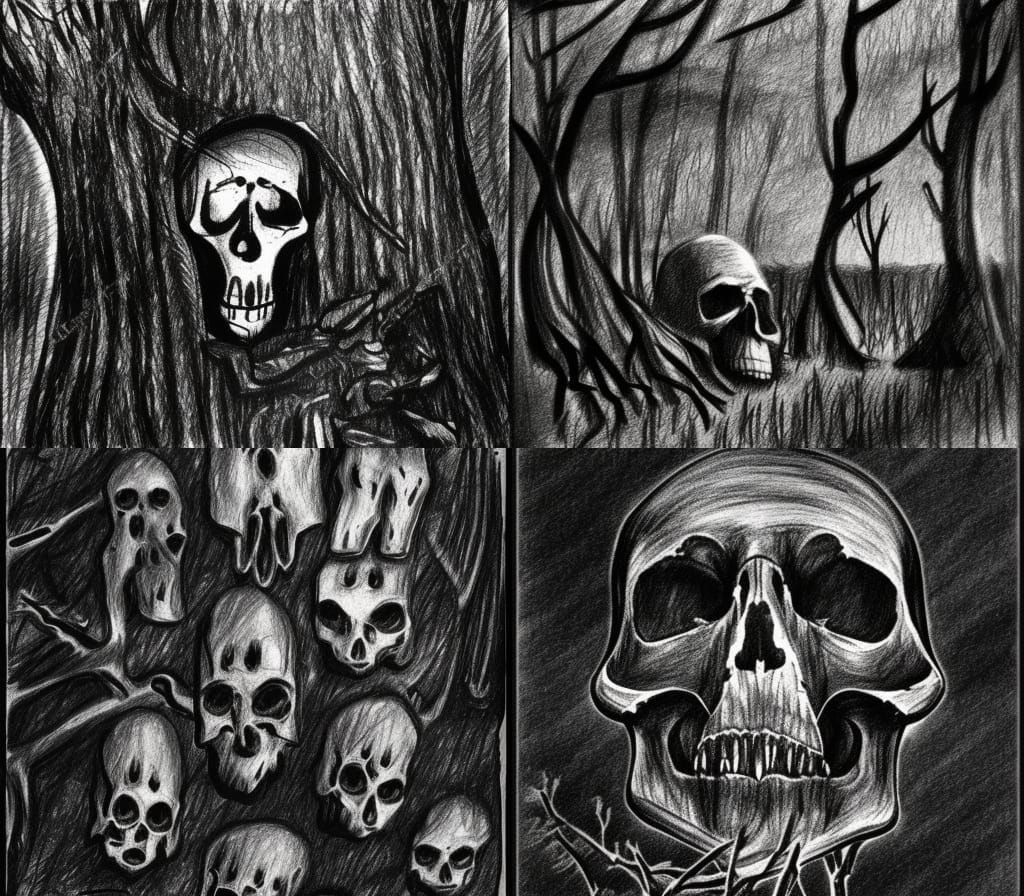 black and white hand drawn sketch concept art with decaying skulls ...