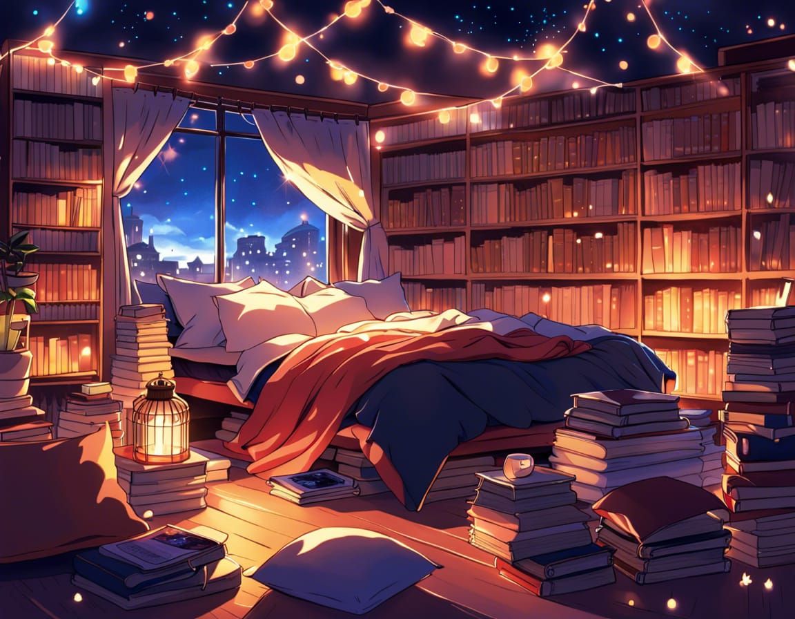 dreamcore, blanket and pillow fort lit by fairy lights with stacks of ...