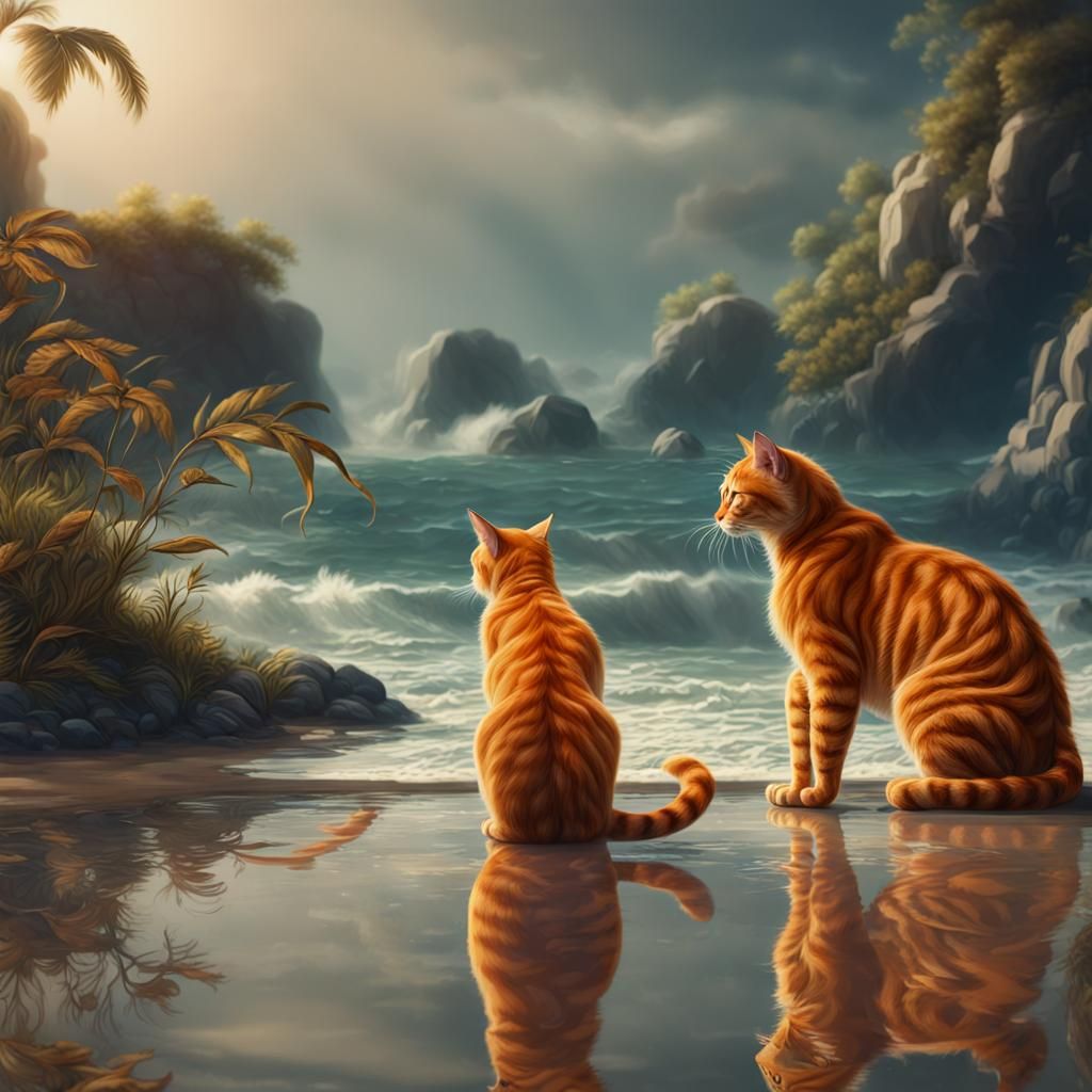 Two cats sitting on the beach - AI Generated Artwork - NightCafe Creator