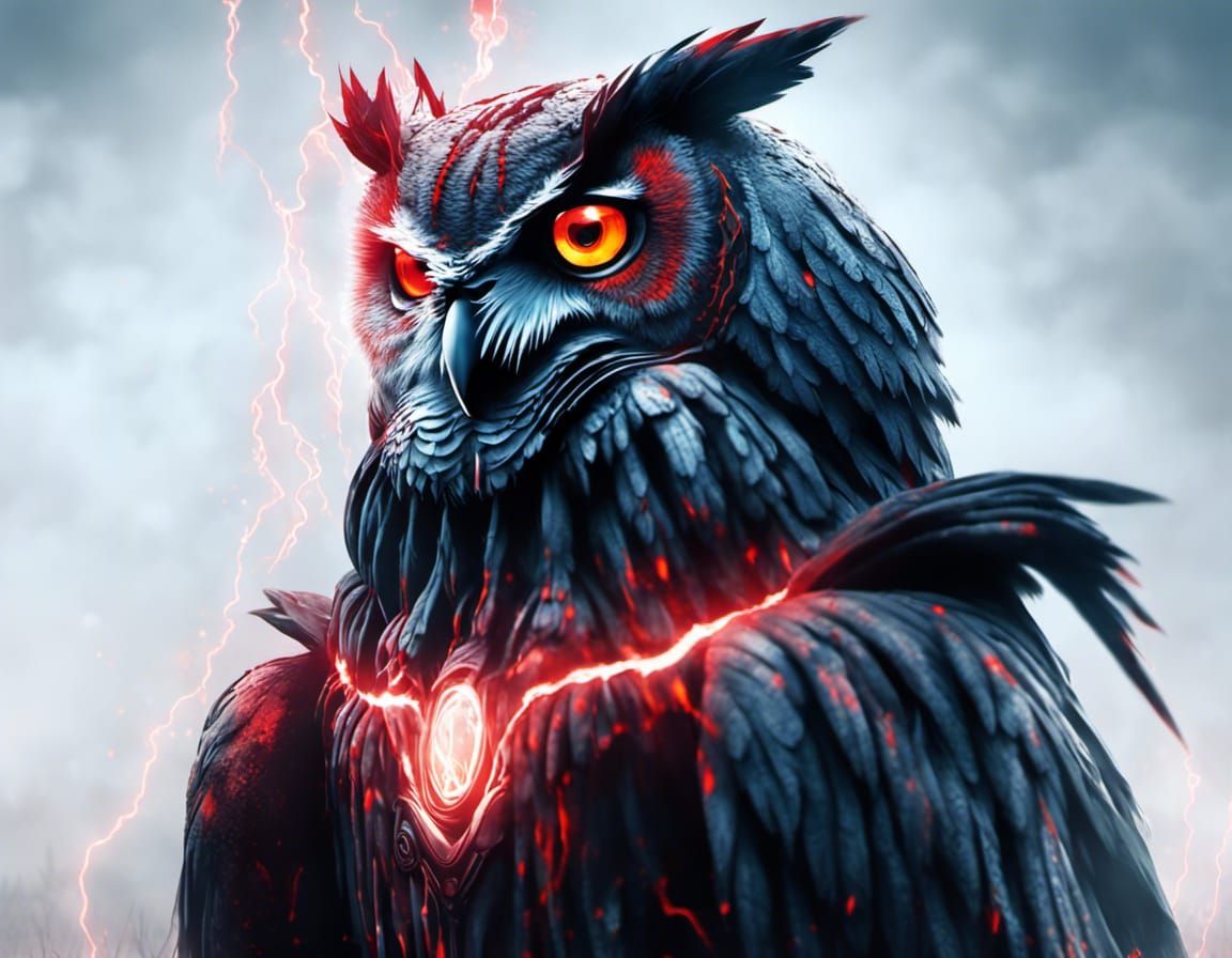 Demonic looking Owl with bright glowing eyes standing in blood red mist ...