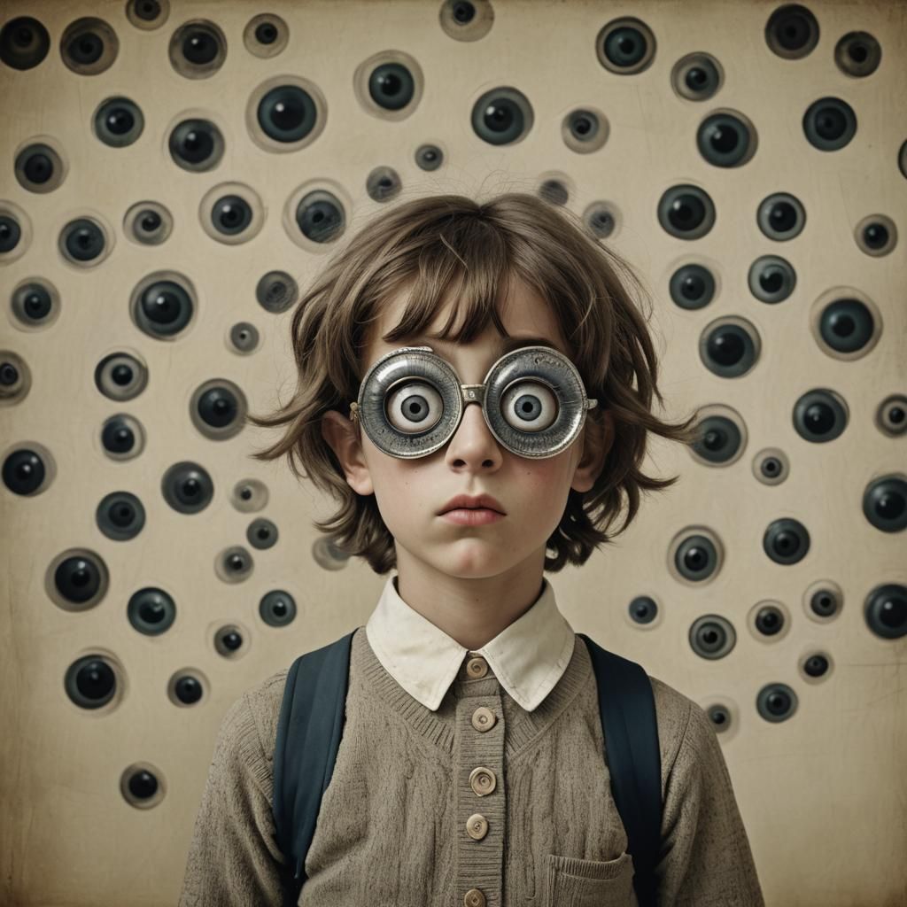 a surreal little kid with bazar gigantic extra large giant eyeballs ...