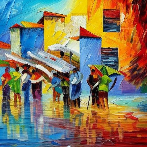 flood at favela in Brazil neo-impressionism style oil painting - AI ...