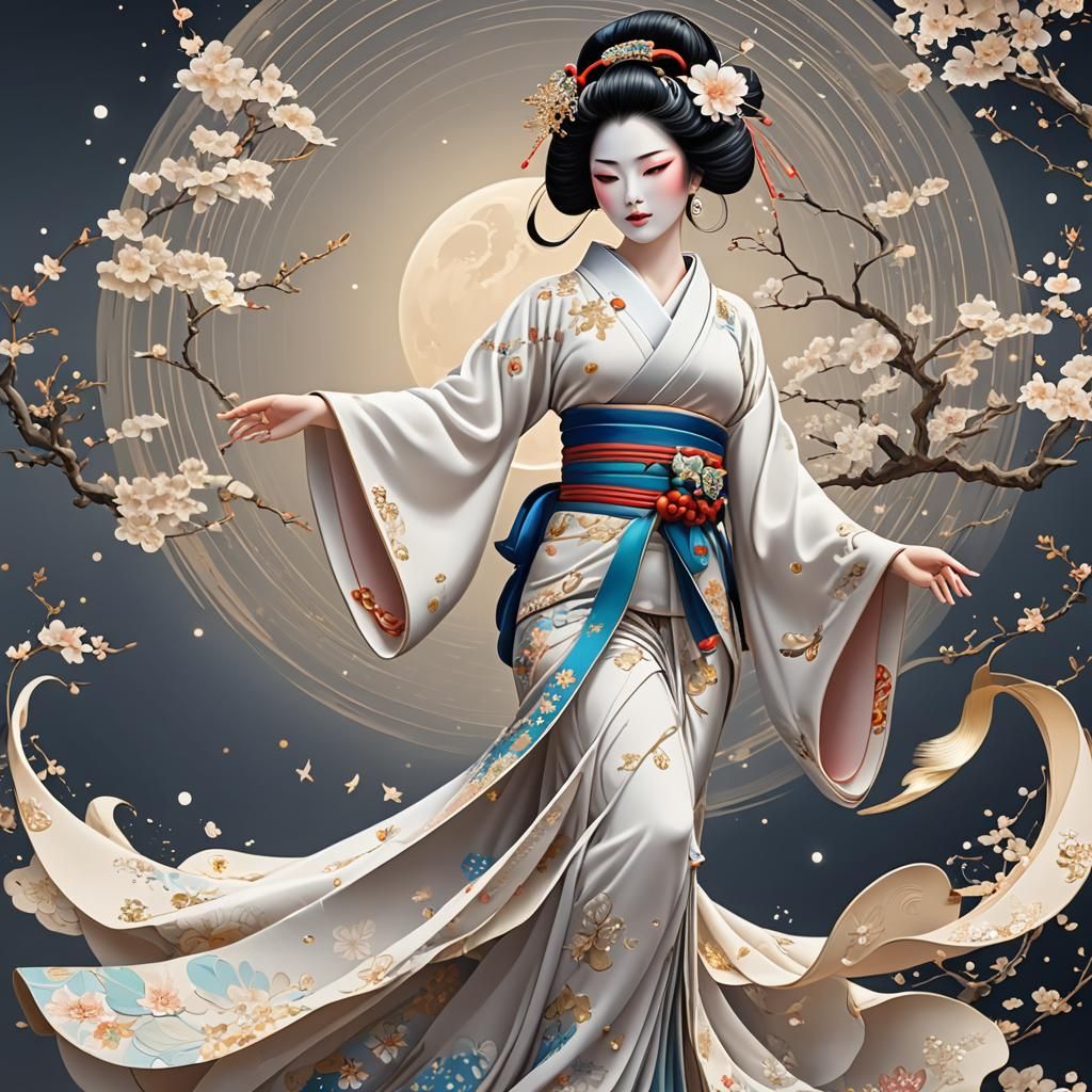 Real anime of a full body white powdered skin beautiful Geisha ...