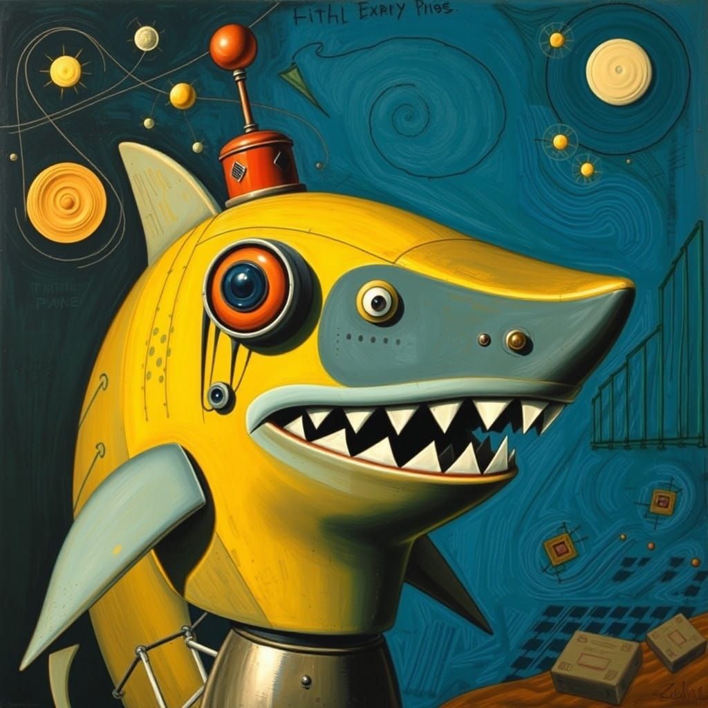 Robot Shark in a Cyberpunk-Inspired Cubist Mosaic - AI Art