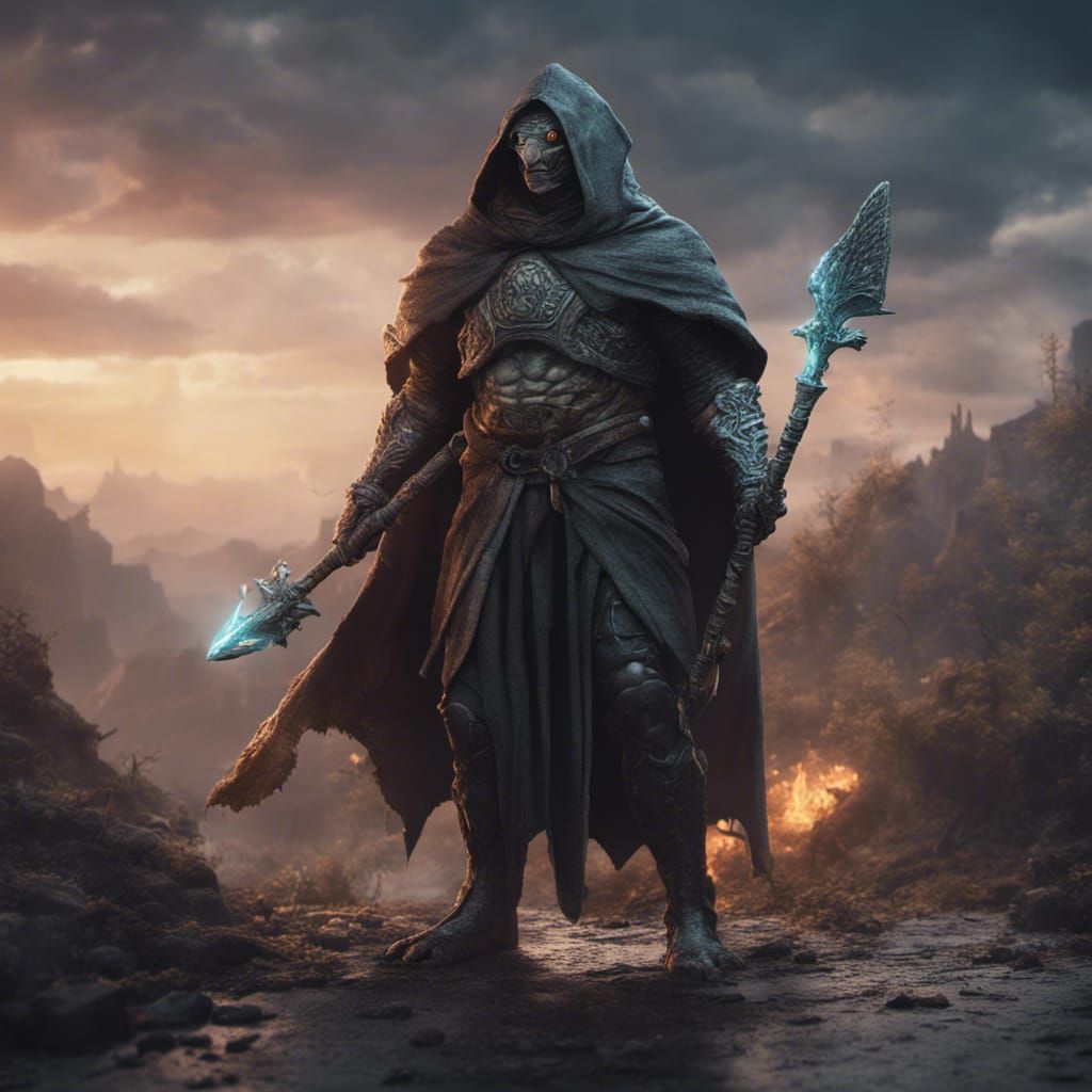 humanoid turtle wearing a dark cloak, wielding a dagger and dark magic ...