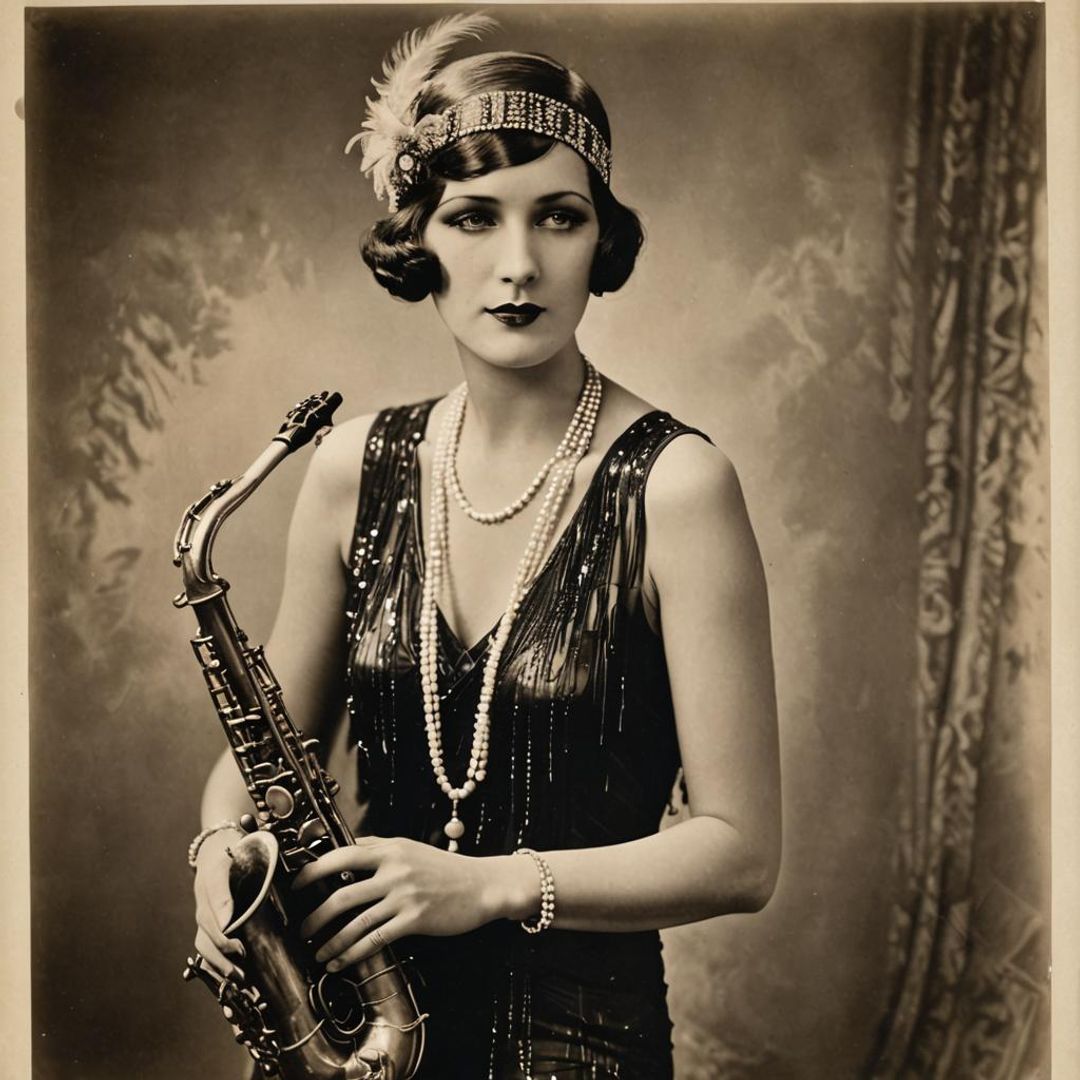 portrait, 1920s, roaring twenties, flapper girl with a saxophone, jazz ...