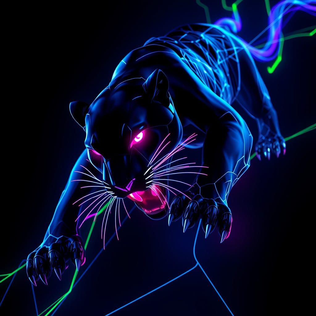 panther pouncing on prey - Surreal Panther Emerges from Neon...