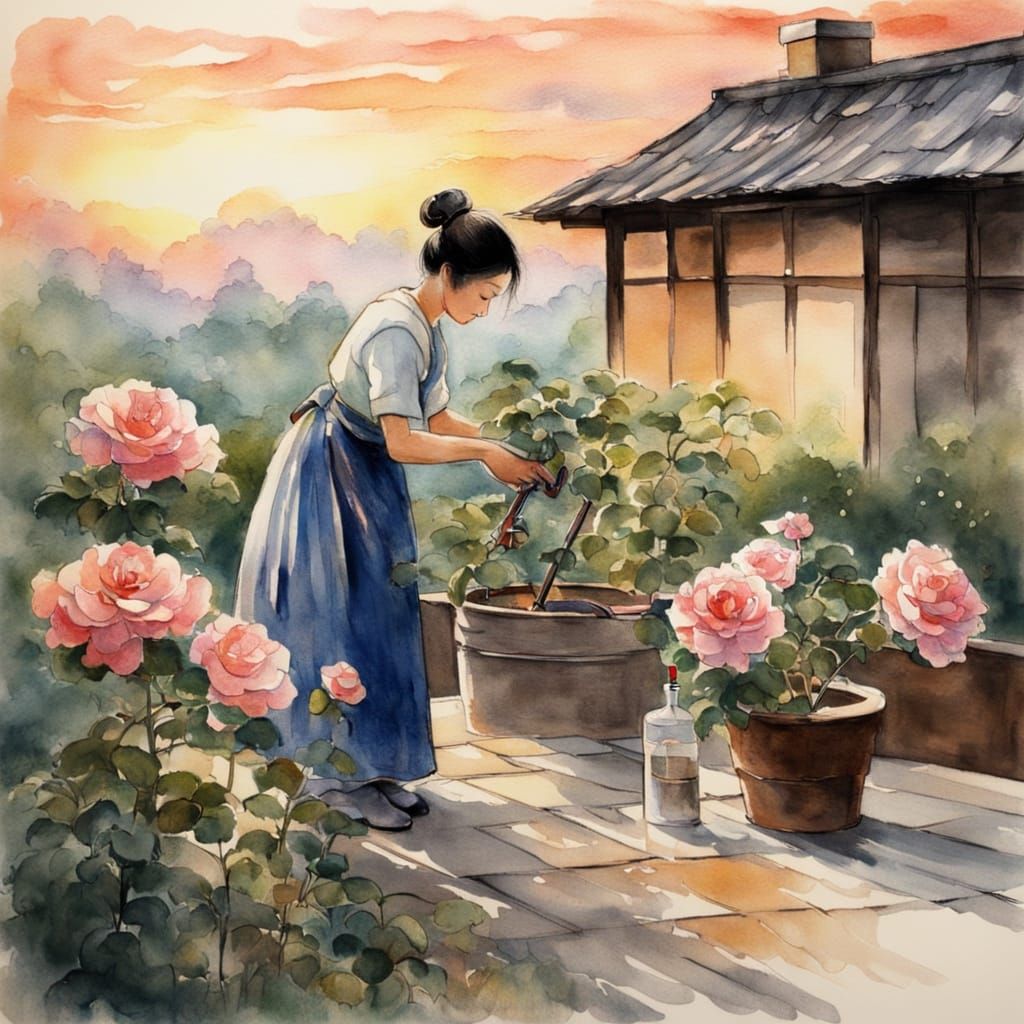 A lady watering her rose plants - Elegant Lady Tending Rose...