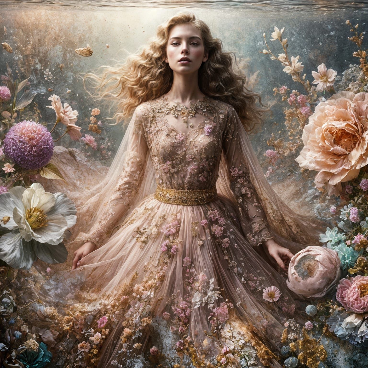 A dramatic tenebrism-style oil painting depicting a water nymph with ...