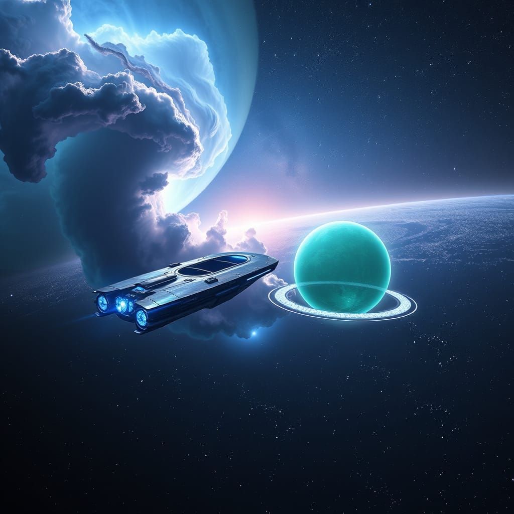 Interstellar Ship Drifts Through Celestial Current... - AI Art