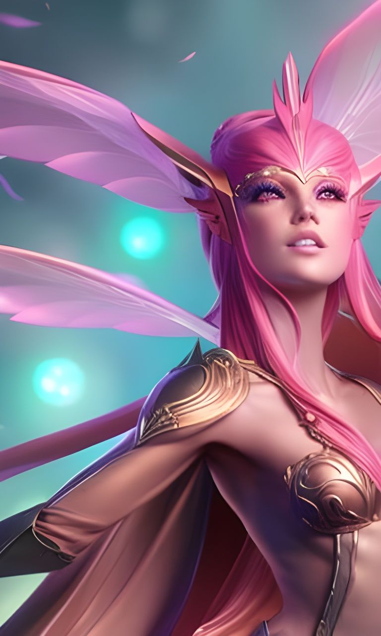 full body fantasy fairy with pink hair and gossamer wings and long ears big eyes and a bright ...