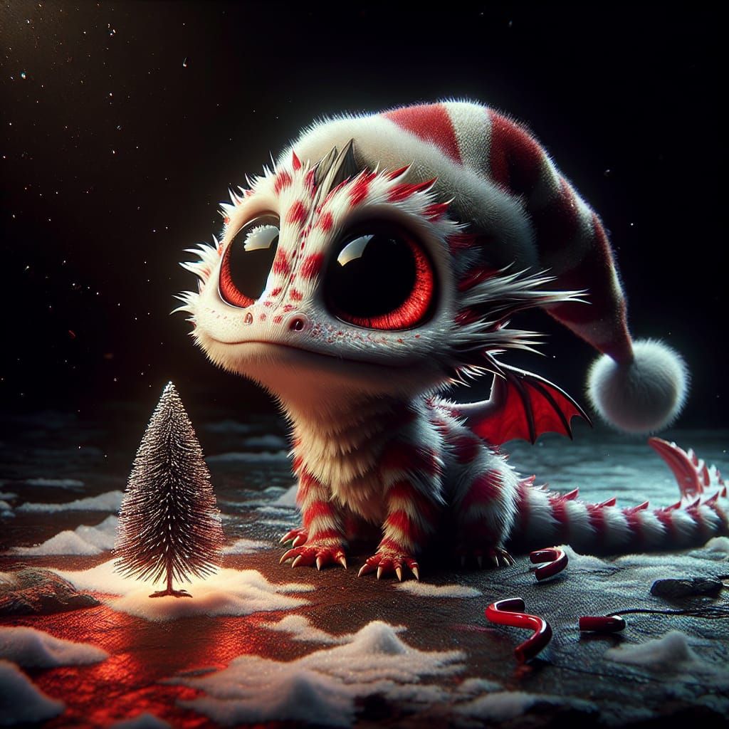 Innocent Candy Cane Dragon Peers Over Christmas Tr... - AI Art