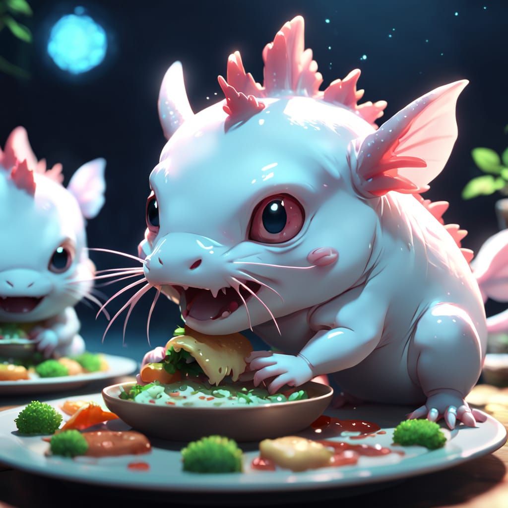 Chibi axolotls out to dinner - Vibrant Chibi Axolotls Enjoy...