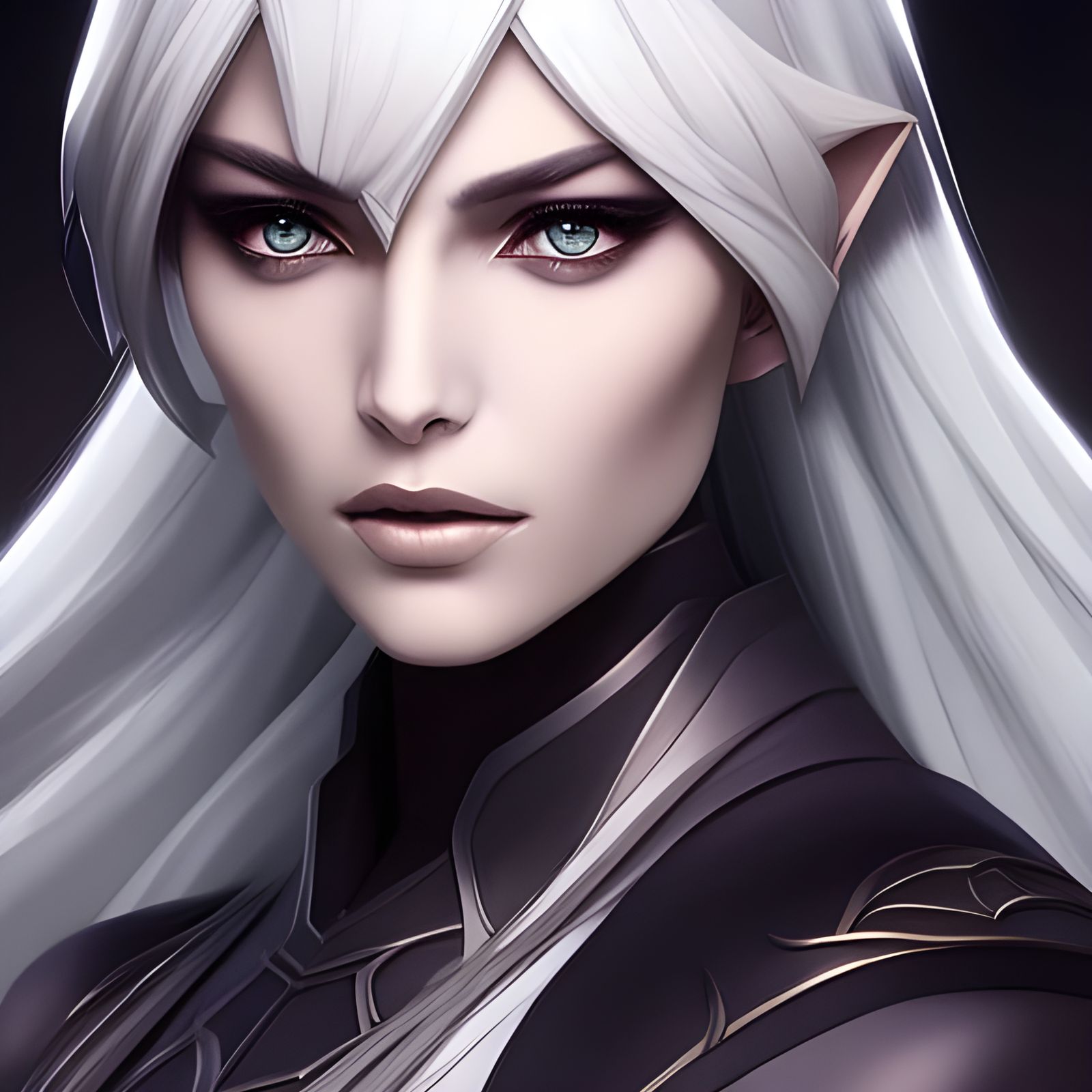 Dark elf, girl, elf, white eyes, white hair, head and shoulders portrait, 8k resolution concept ...