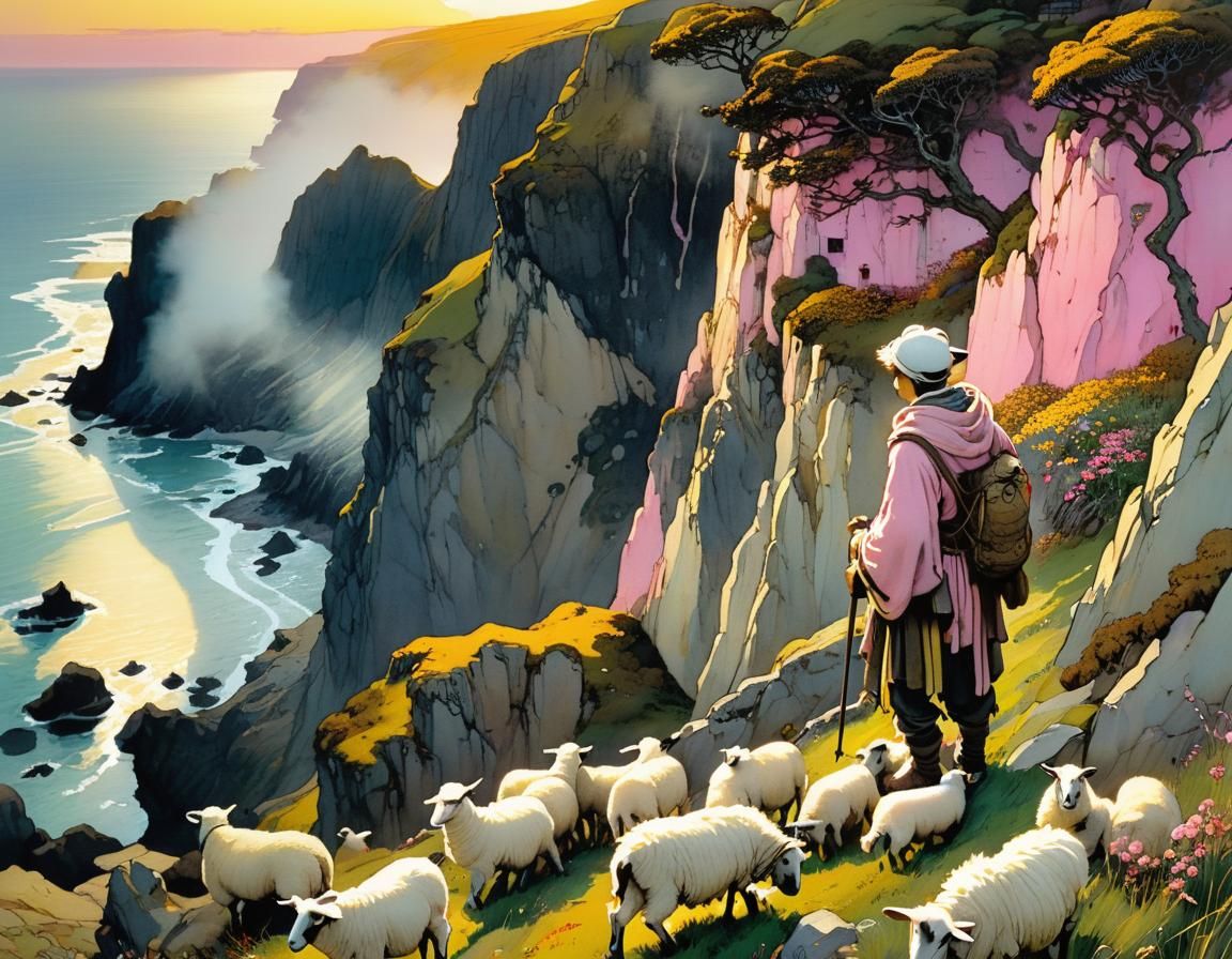 Idyllic Shepherd Scene Set Amidst Cliffside Grazin... - AI Art