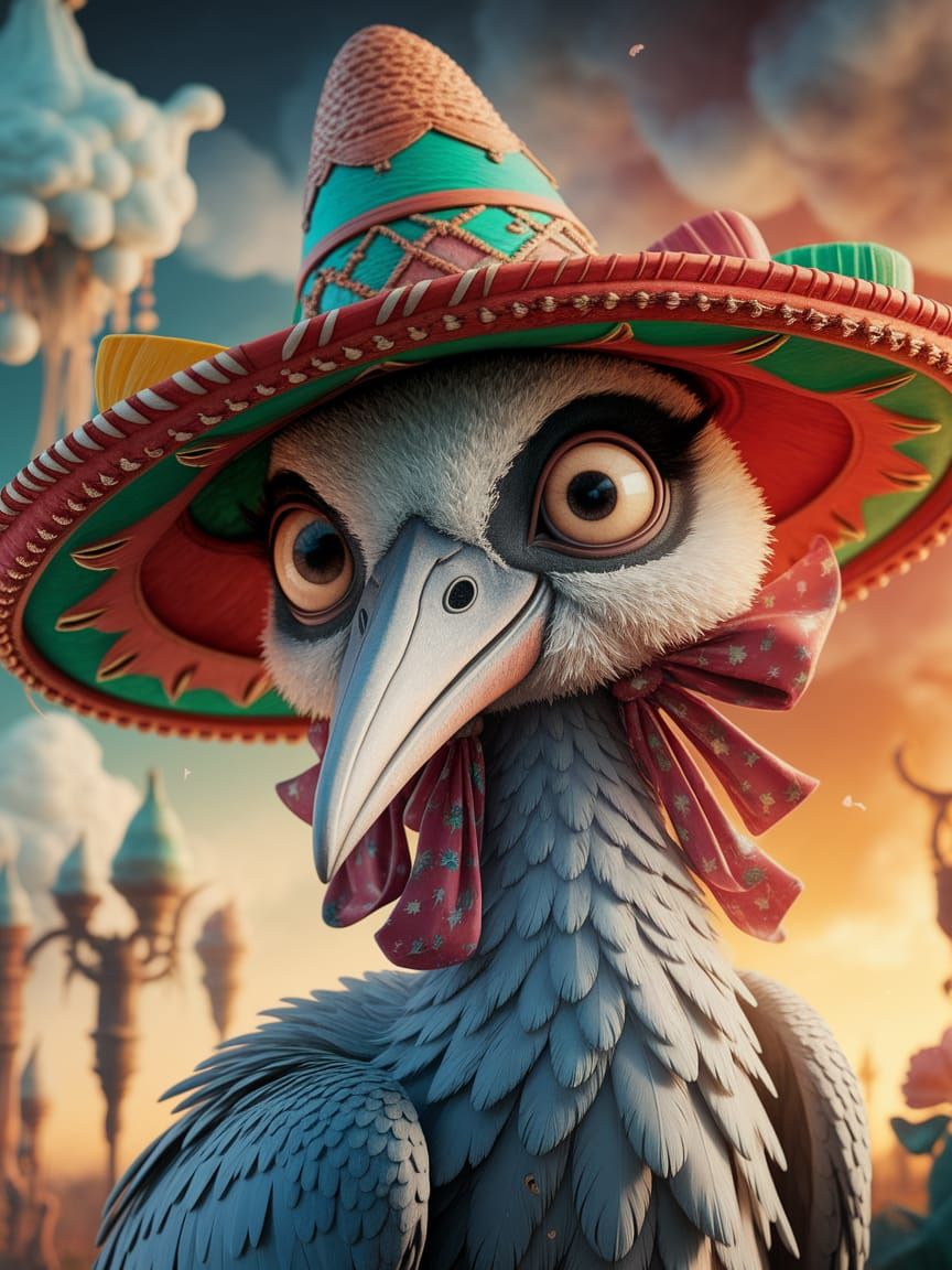 silly cute chibi shoebill stork in a beautiful Mexican slmbrero ...