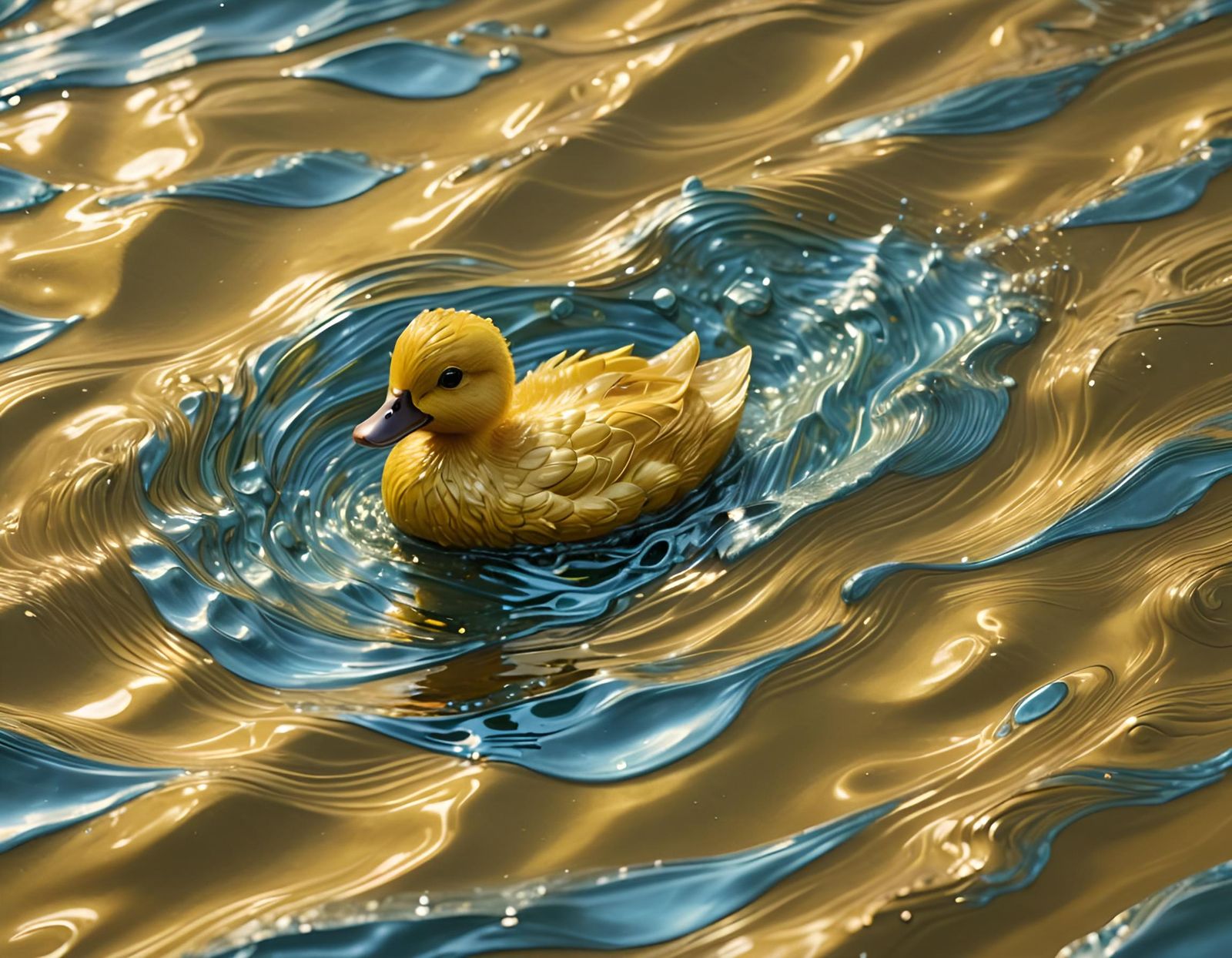 a fuzzy yellow baby duck floating along on a wave in a river ...