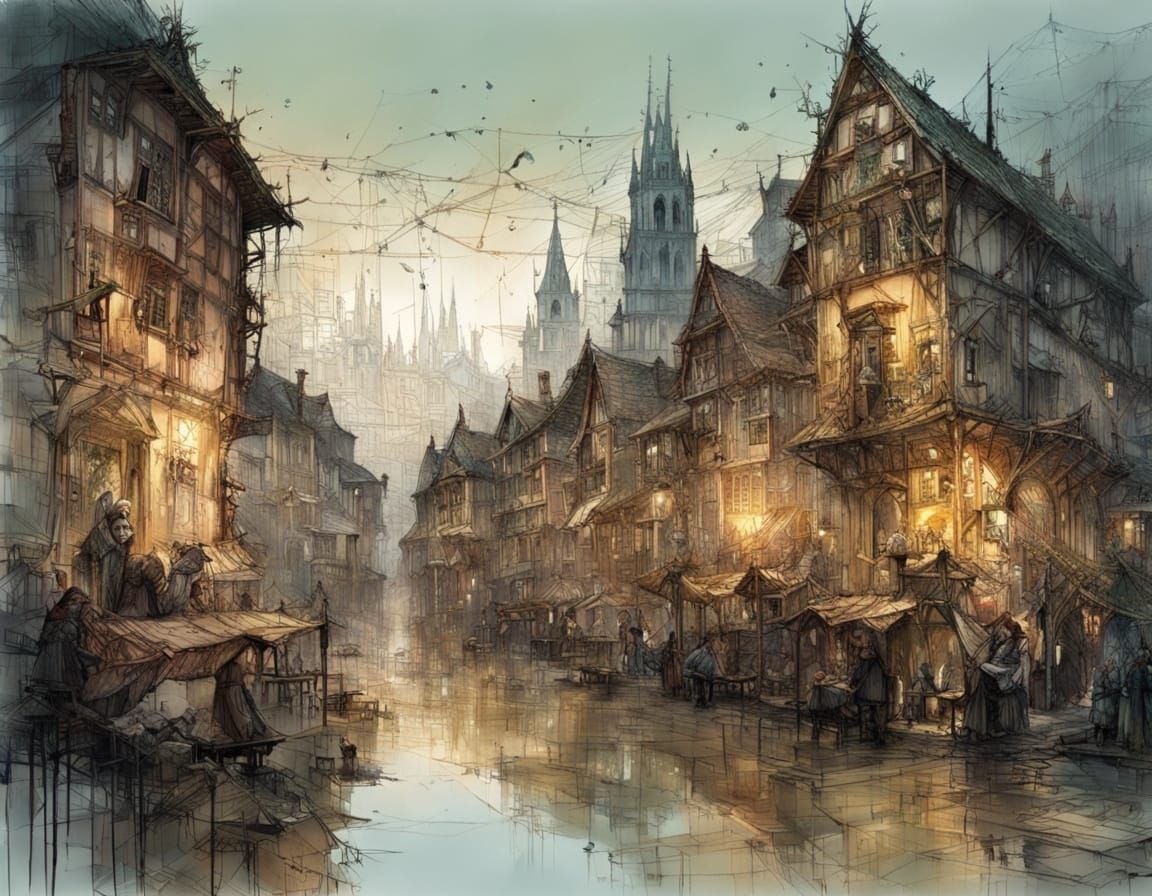 Medieval Townscape in Meticulous Detail at Dusk - AI Art