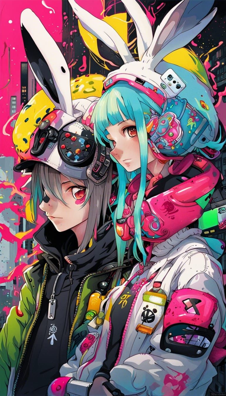 Cyberpunk rabbit and Alice in cyberpunk wonderland meeting caterpiller ...