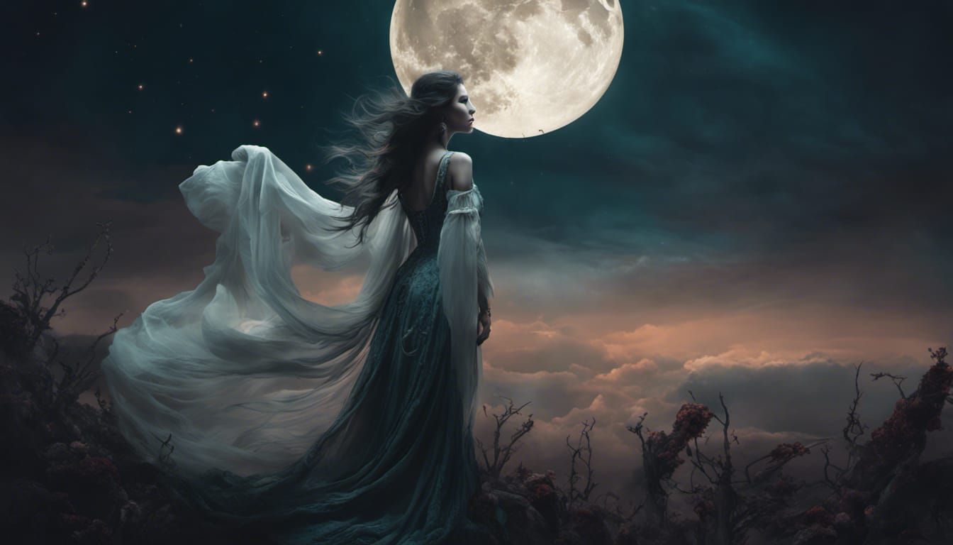 "Beautiful ghostly woman touching the moon, dark world", Dark Acadamia ...