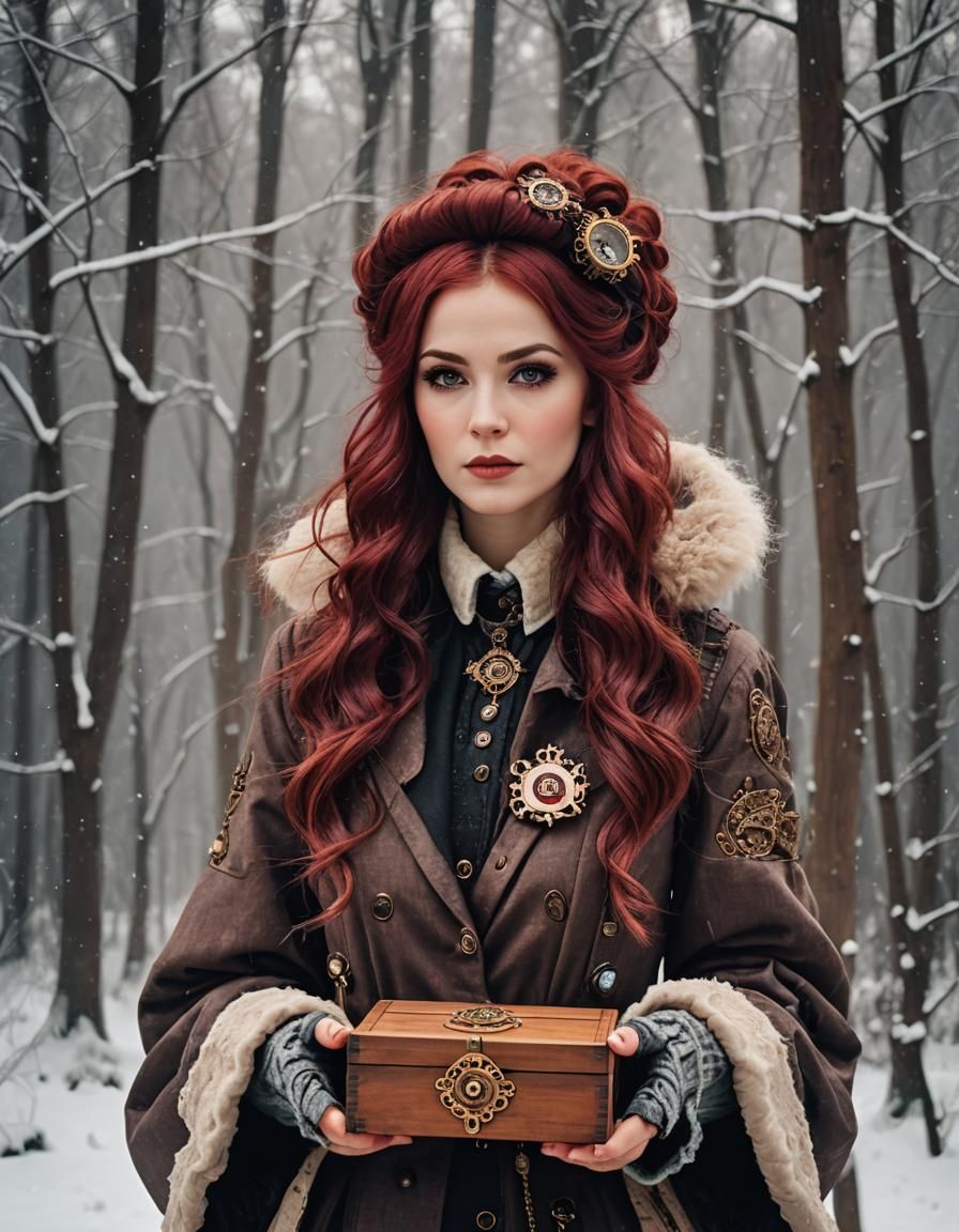 Image of lady with garnet hair holding beautiful wooden box, winter ...